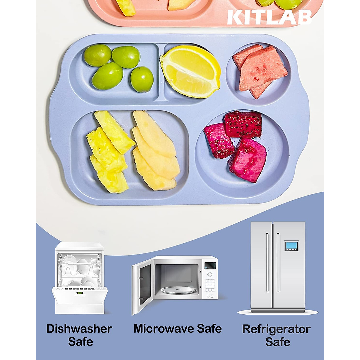 KITLAB Unbreakable Divided Plates, 4 Pack Wheat Straw Tray, Large Fast Food Tray for Toddlers Adults Kids Children, Lightweight Plates, Dishwasher and Microwave Safe