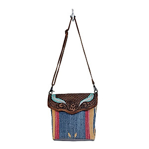 Myra Bag Blue Feather Hand-Tooled Bag Upcycled Cotton & Leather S-3058
