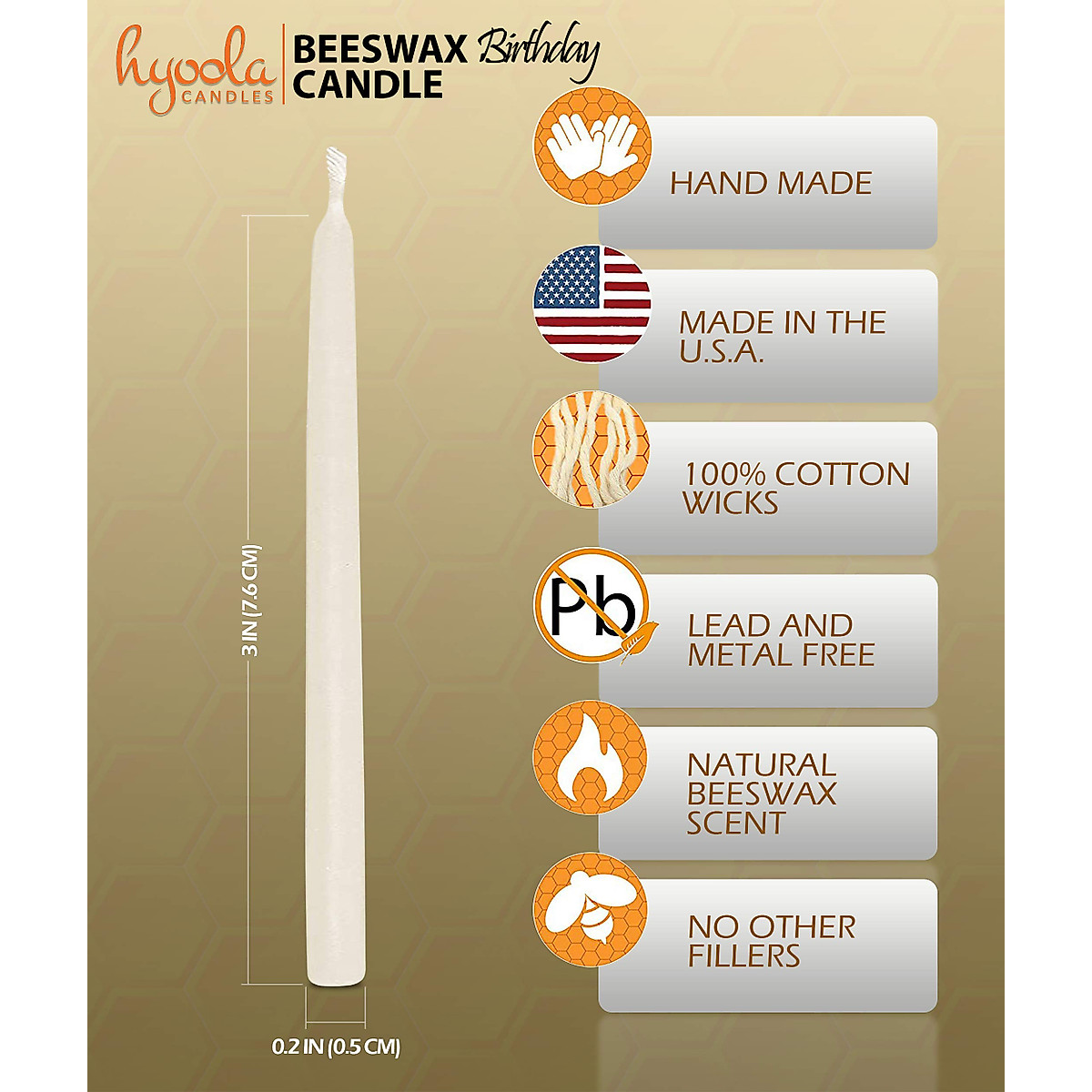 Hyoola Beeswax Birthday Candles – 24 Pack Mini Birthday Candles - All Natural 100% Unscented Pure Beeswax Candles - Handmade in The USA - White