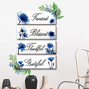 Blue Wall Decor for Living Room 4 Pieces - Focused Grateful Blessed Thankful Wood Signs, MONKLE Flowers Wall Art Decor Wooden Hanging Plaques, Floral Art Decorations for Home Kitchen Living Room