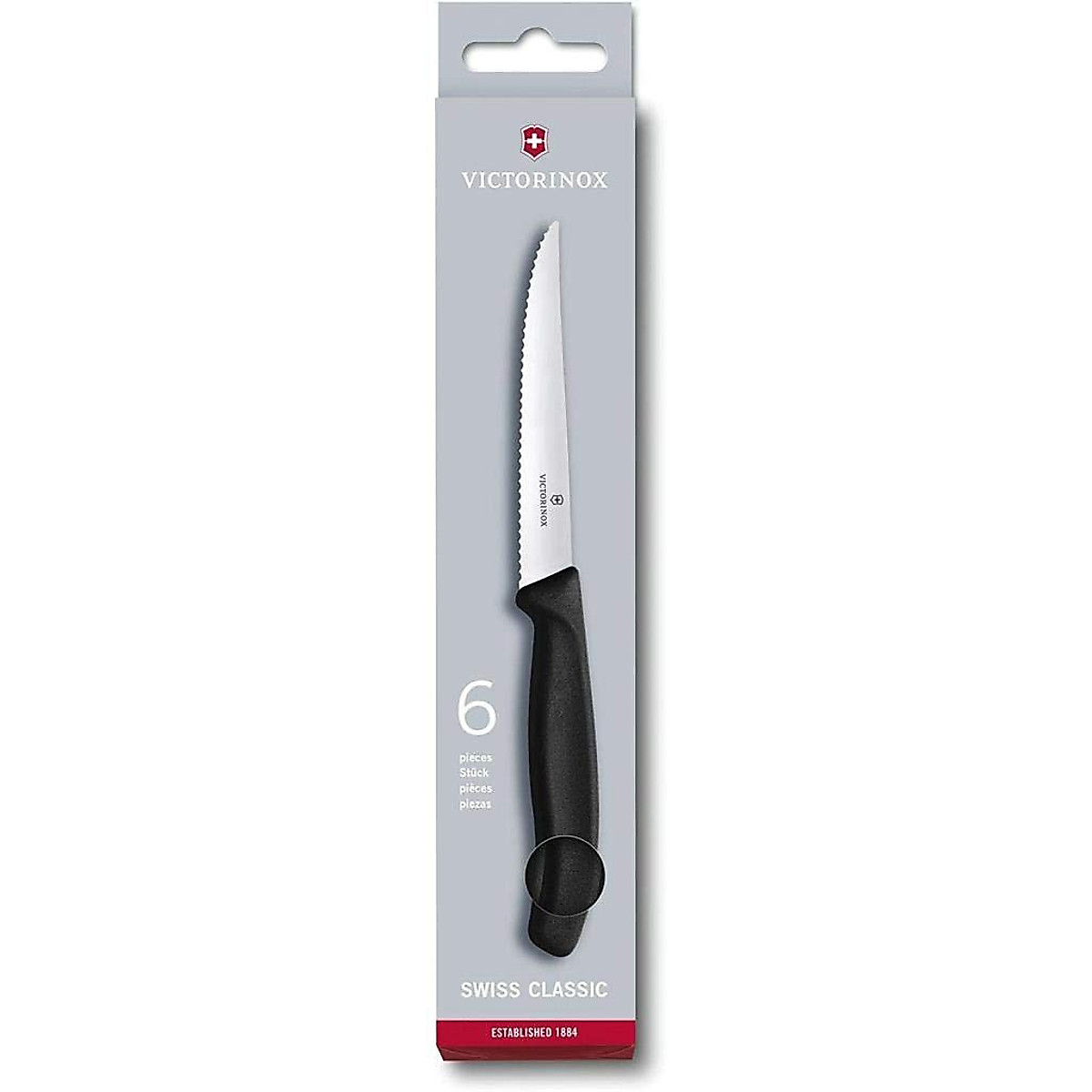 Victorinox 6.7233.6 Swiss Classic Steak Knife Set Ideal for Slicing a Wide Variety of Steak Cuts Serrated Blade in Black, Set of 6