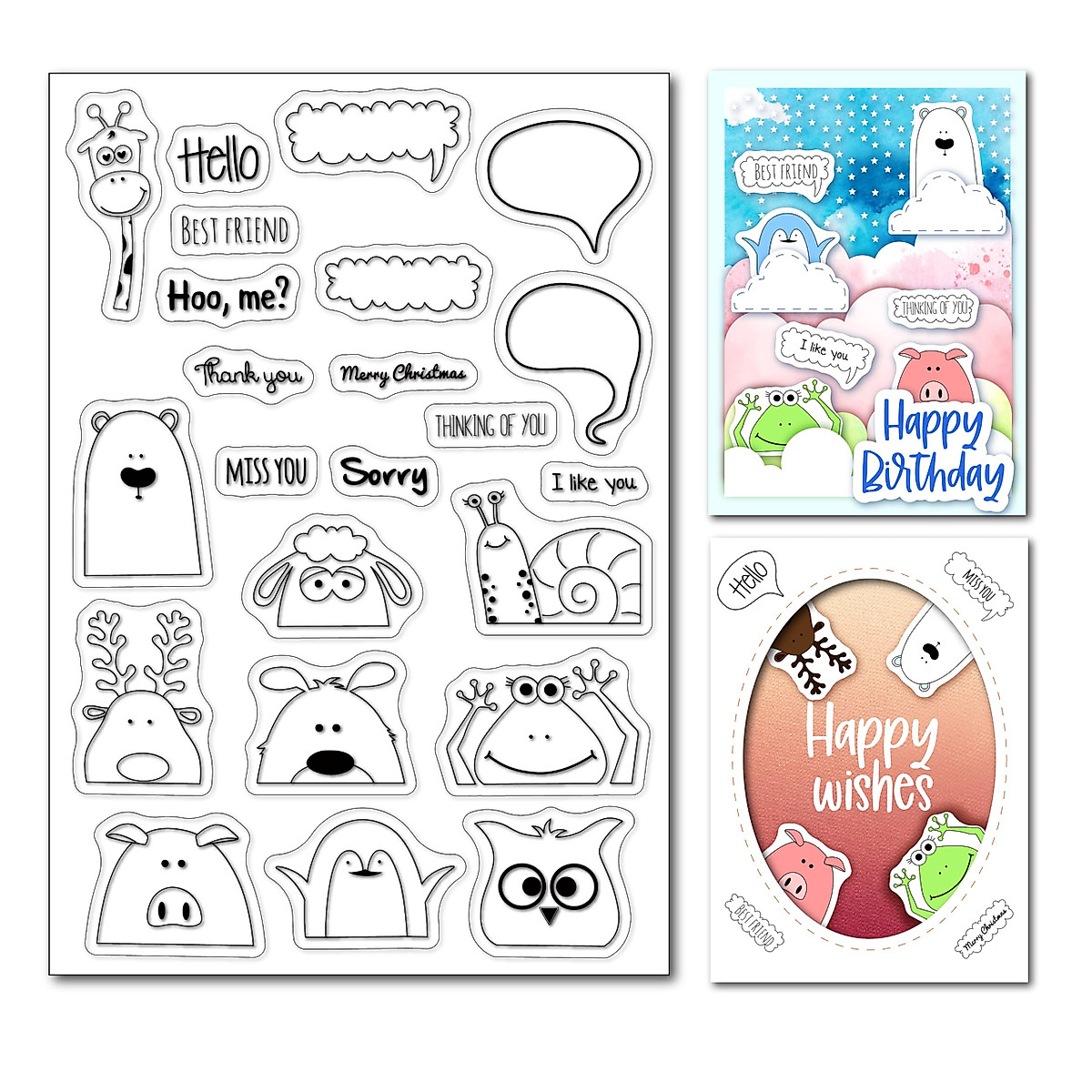 arriettycraft Animals Talking Box Clear Stamps Deer Pig Giraffe Bear Snail Rubber Stamps Owl Sheep Dog Silicone Stamps for Cards Making Decoration Clear Stamps or Scrapbooking Paper Craft Tools