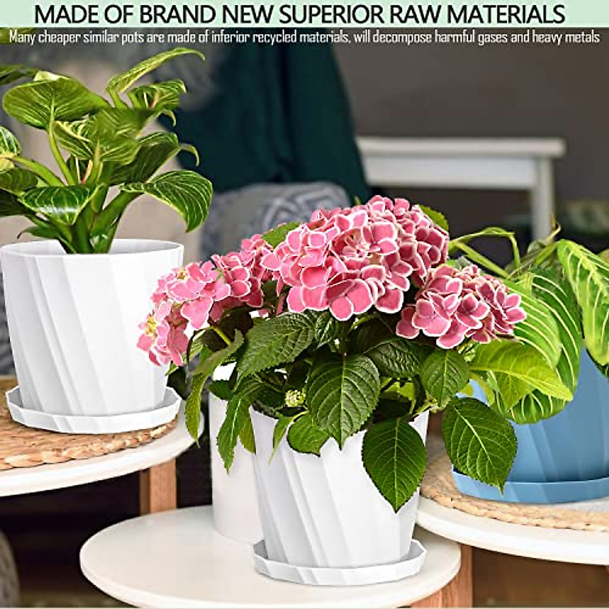 8 Inch Plastic Flower Pots Set 5 Pack with Drainage Holes and Saucers, Tray. Large Planters for Indoor Plants, House, Outdoor Plants, Orchid. Unique Decorative Planting Pots, White