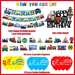Train Party Decorations Train Birthday Party Supplies Railroad Happy Birthday Party Banners Cake Topper Steam Train Cupcake Toppers Railway Vehicle Ballons for Train Theme Baby Shower Supplies