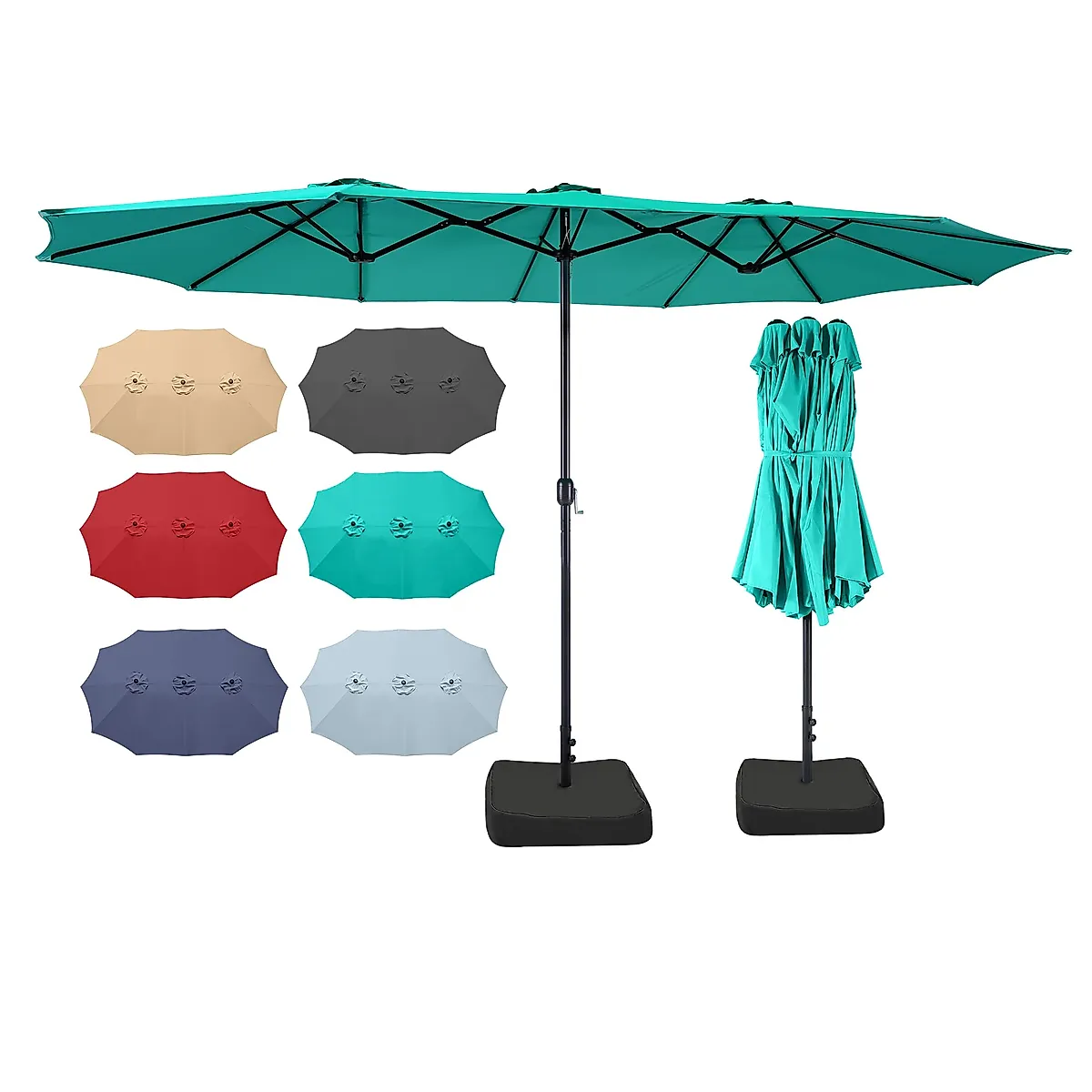 Bigroof 15ft x 9ft Patio Double-Sided Umbrella with Base & Crank, Extra Large Rectangular Outdoor Umbrella for Patio, Lawn & Garden, Beige (Turquoise)