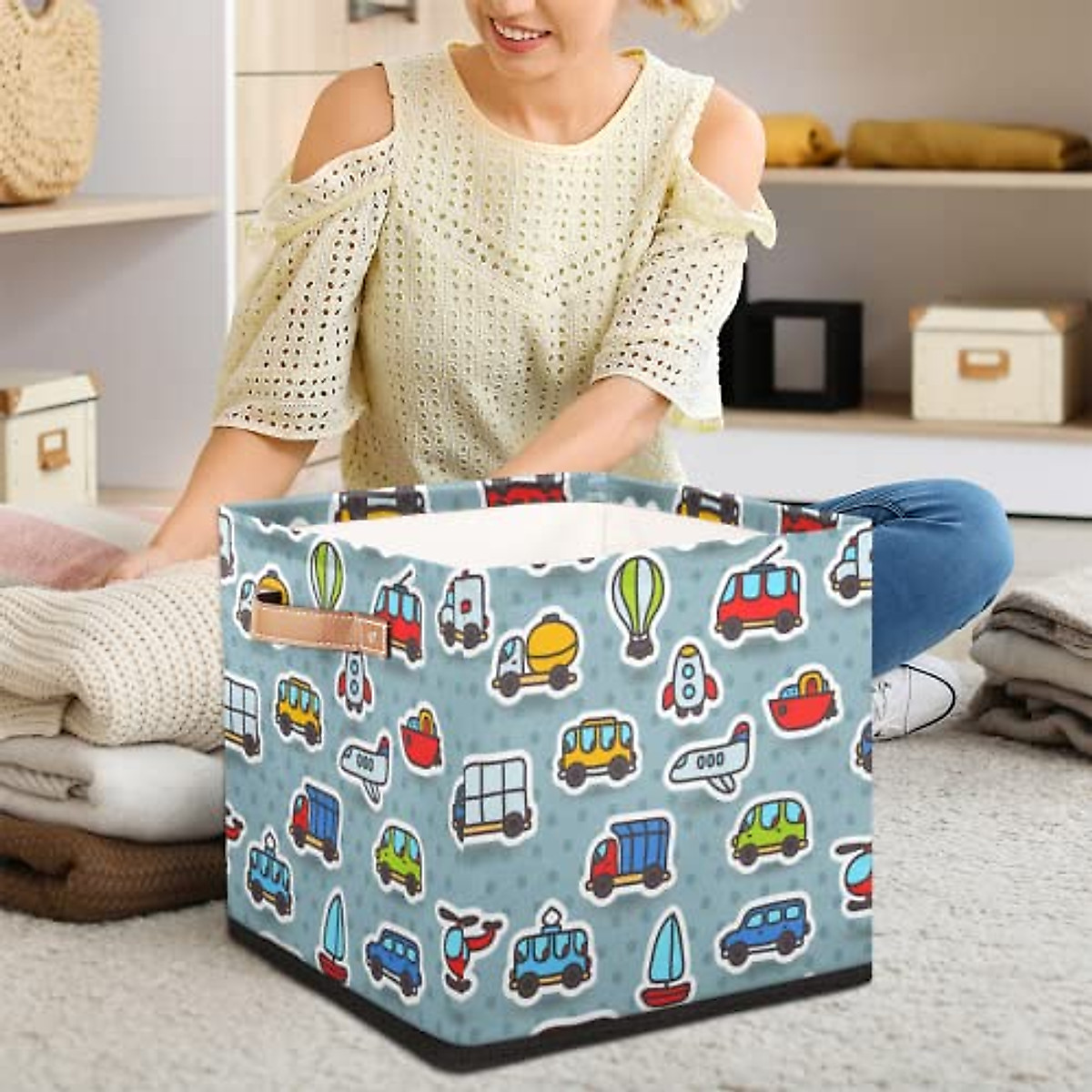 Cube Storage Bins 13 Inch Fabric Storage Basket Truck Plane Square Storage Bins Collapsible Nursery Storage Bin Organizer Basket Car Ship Storage Box for Shelves, Closet