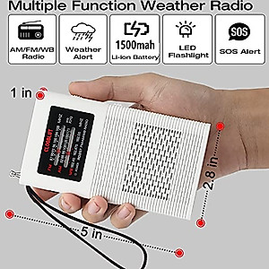 Pocket Weather Radio NOAA AM FM Band Portable Transistor Small Radio Battery Operated by 1500MAH with Long Antenna Emergency Alert and Flashlight Best Reception Best Sound Quality (White)
