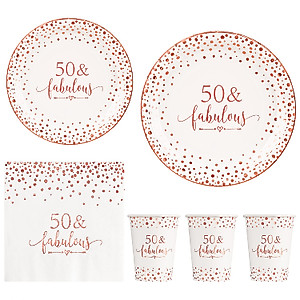 Crisky Rose Gold Foil 50 Fabulous Napkins Plates Cups Set for Women 50th Birthday Party Decorations Supplies, Disposable Tableware Set of 24 (9" Plates, 7" Plates, Luncheon Napkins, 9oz Cups)