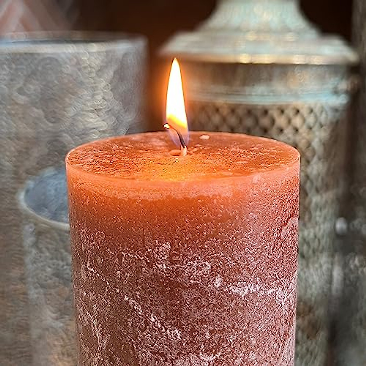 3 Piece Pillar Candle Set, Paraffin Wax, 68 Hours Burn Time, Cotton Wick, Shades of Marbled Amber, Rustic Brown and Dark Brown