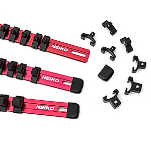 NEIKO 02454A Aluminum Socket Holder and Socket Organizer Tray for Toolboxes with Lightweight and Heavy-Duty Rails, 1/4-Inch, 3/8-Inch, and 1/2-Inch Drives, 3-Piece Socket Storage Set