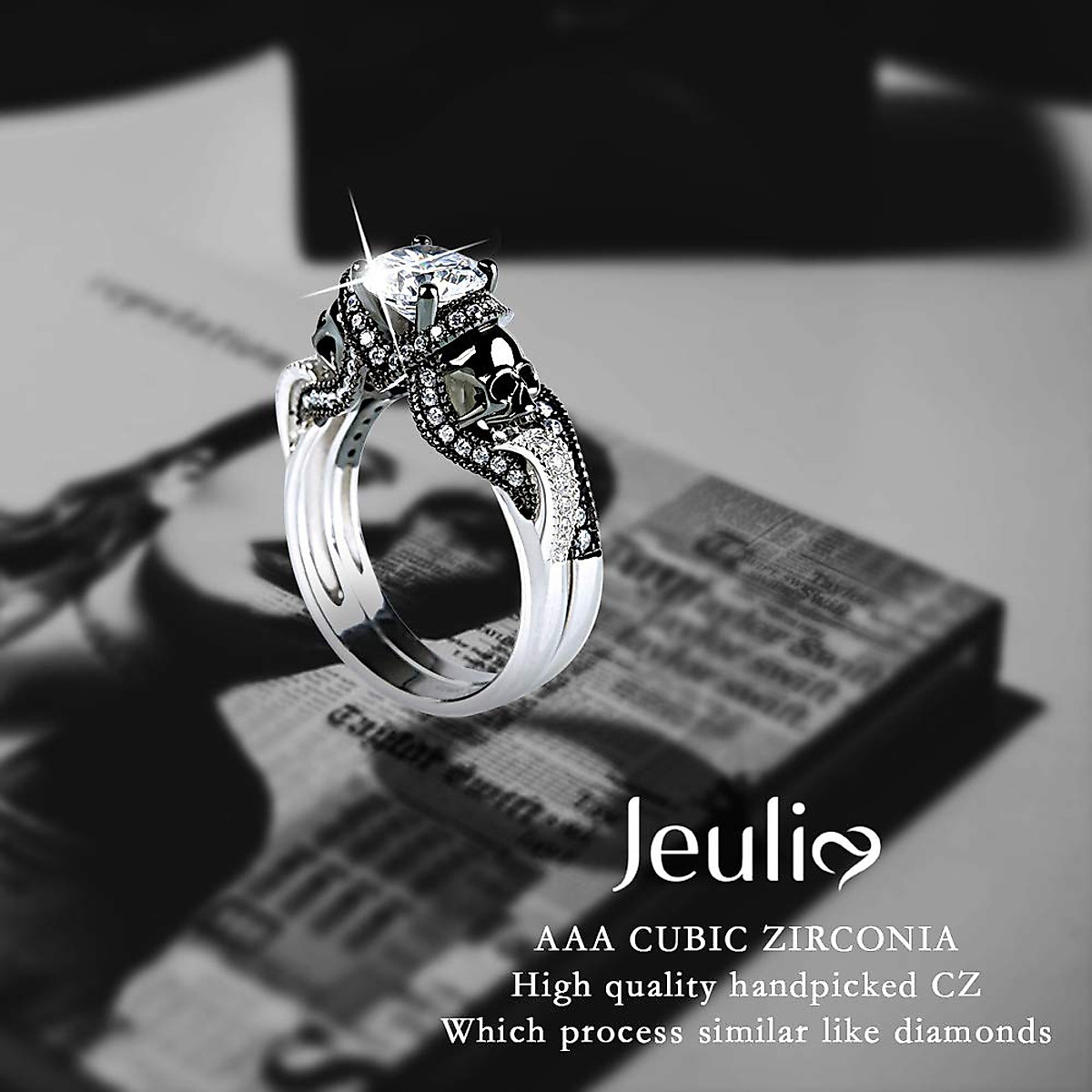 Jeulia 3.68 Carat Twist Skull Rings for Women Sterling Silver Two Tone Twist Band Rings White Diamond Bridal Ring Set Black Plated Engagement Promise Rings with Jewelry Gift Box (6)