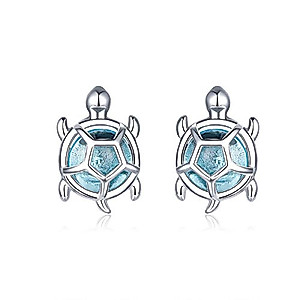 Cute Turtle Small Stud Earrings Sterling Silver S925 Blue Crystal Cubic Zirconia Sea Turtle Tiny Cartilage Statement Earring Studs Post Piercing Fashion Jewelry Gifts for Women Sensitive Ears