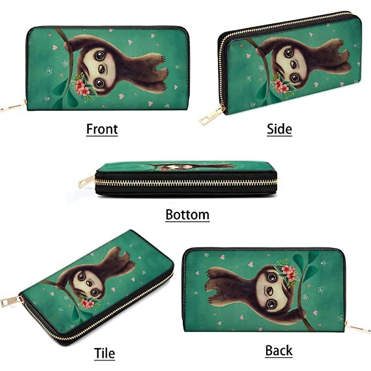 Sloth Printed Women's Long Wallet Zip Around PU Leather Phone Clutch Travel Card Holder Cute Animal Purse