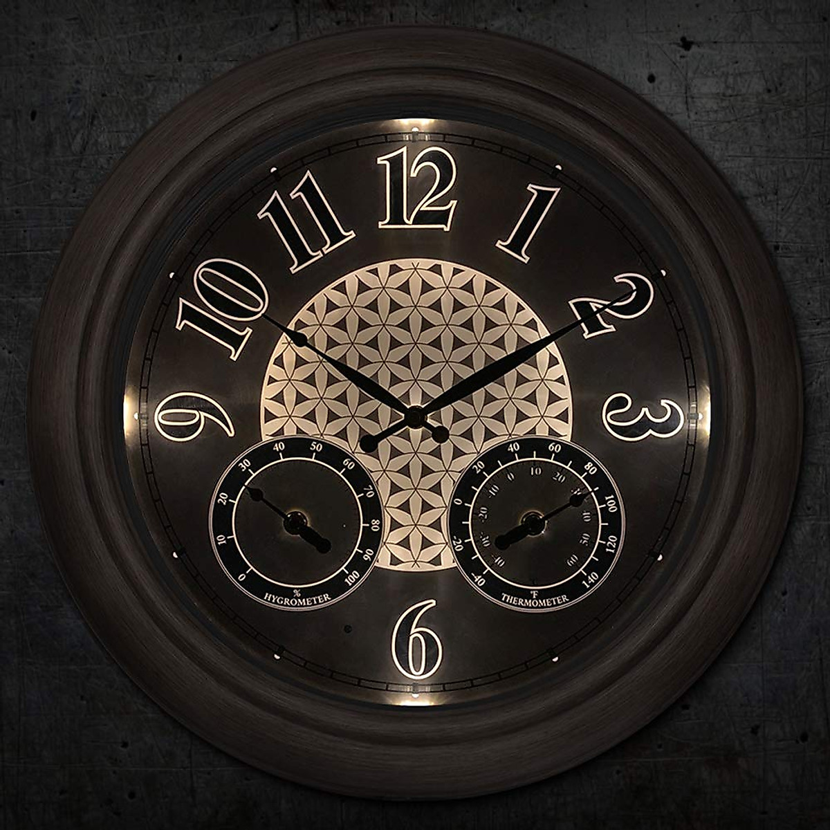 Presentime & Co 18" Farmhouse Outdoor Luminous Clock with Weather Thermometer & Hygrometer, Weather Station, Night Light with Smart Sensor - Grey Oak Finish, Outdoor Lights & Decoration.