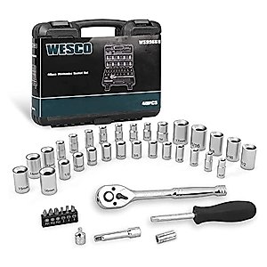 Wesco 40 Pieces 1/4 and 3/8 in Ratcheting Wrench and CRV Drive Sockets Set with Screwdriver Bits, Adapters and Storage Case, Metric and SAE Sizes Mechanic Tool Set for Auto Repair and Home Maintenance