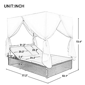 LUMISOL Outdoor Patio Chaise Lounge, Patio Sunbed Canopy Bed Daybed with Retractable Canopy, Rattan Sun Lounger Patio Loveseat Sofa Set with Curtains