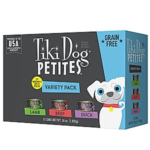 Tiki Pets 11343 Dog Petites Pate – High Protein & Grain Free Wet Food Lamb, Beef & Duck Recipes, 12 cans 3oz, Variety Pack