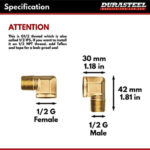 DuraSteel Wall Mount Faucet 90-Degree Elbow - Commercial Kitchen No Lead Faucet Space Saving Backsplash Kit - 1/2" IPS Female x 1/2" IPS Male Brass Fitting, Pack of 2