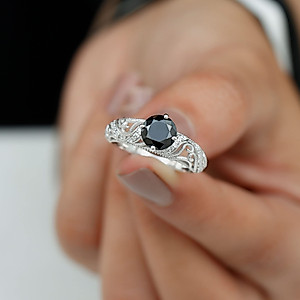 Black Onyx Solitaire Vintage Inspired Engagement Ring with Diamond | 1.50 Cttw | AAA Quality, 14K White Gold, Size:US 7.00