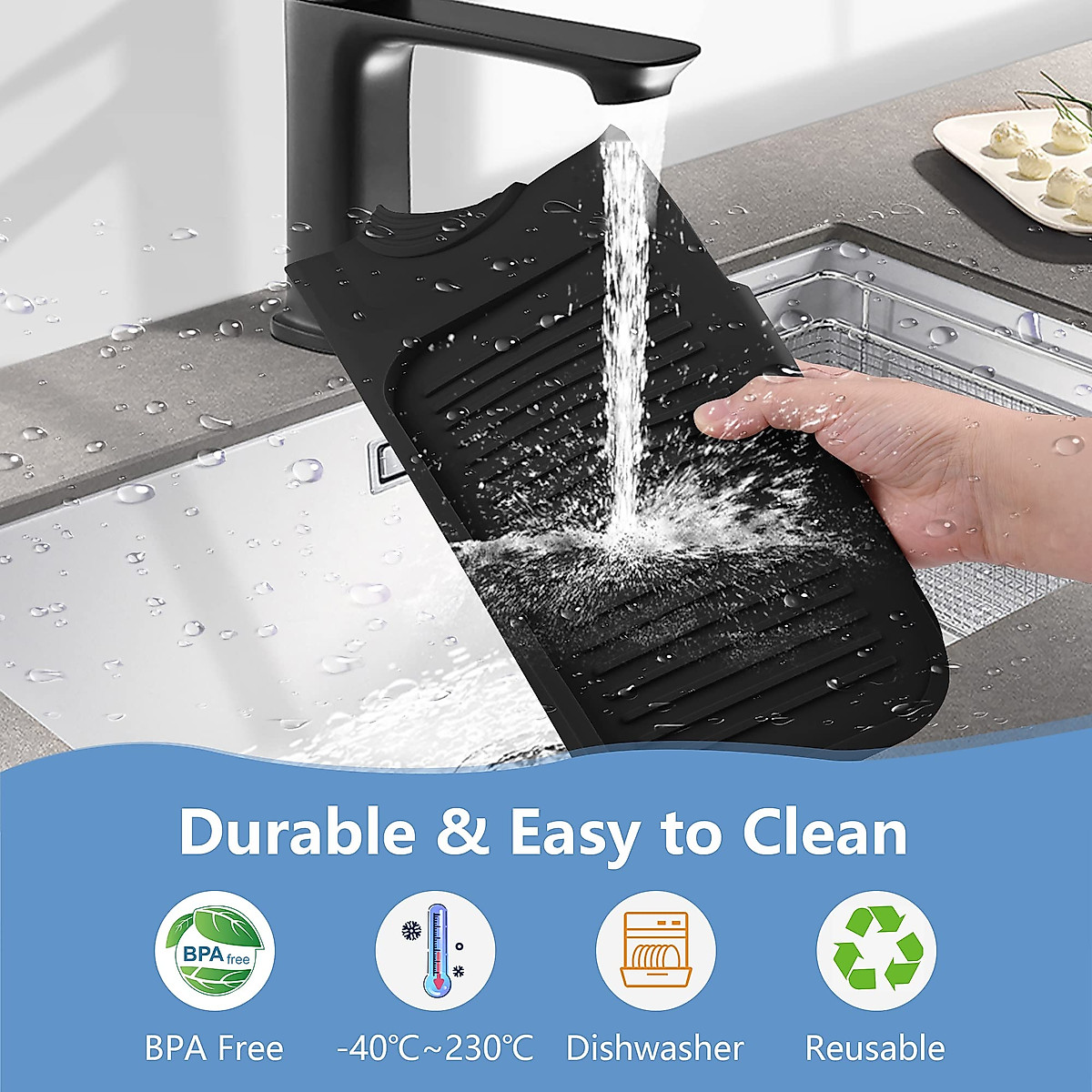 Burfocus Kitchen Sink Splash Guard, Silicone Faucet Handle Drip Catcher Tray Silicone Faucet Mat Kitchen Sponge Holder for Kitchen Sink Accessories Sink Protectors for Kitchen Sink （Black24" x 5.5"）