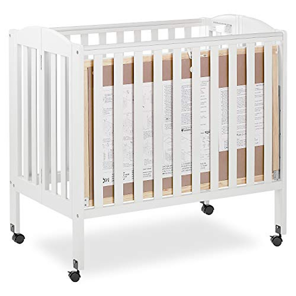 Dream On Me 3 in 1 Portable Folding Stationary Side Crib in White, Greenguard Gold Certified, Safety Wheel with Locking Casters, Convertible, 3 Mattress Heights