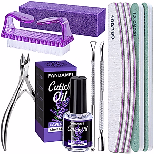 FANDAMEI Nail Files and Buffers, Nail Cuticle Remover Kit with Nail File, Nail Buffer, Nail Buffer Block, Cuticle Nipper, Cuticle Pusher, Cuticle Peeler. Nail Cuticle Oil Lavender for Nail Care