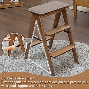 HYNAWIN 3 Tier Bamboo Ladder, Multi-Functional Foldable Ladder, Portable Bamboo Step Ladder with Wide Anti-Slip Pedals for Home, Kitchen, Office, Space-Saving