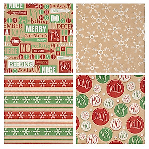 RUSPEPA Christmas Wrapping Paper, Kraft Paper - Snowflakes, Red and Green Stripe and Christmas Greetings - 4 Rolls - 30 inches x 10 feet per Roll