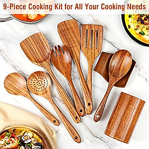 9 PCS Wooden Spoons for Cooking, Wooden Utensils for Cooking with Utensils Holder, Natural Teak Wooden Kitchen Utensils Set with Spoon Rest, Comfort Grip Cooking Utensils Set for Kitchen