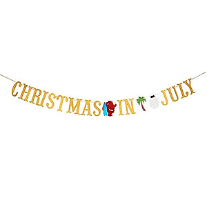 MAGQOO Gold Glitter Christmas In July Banner Garland Photo Props July Tropical Chrismtas Party Decor