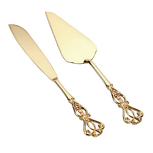 BSTKEY Gold Cake Knife and Server Set, Cake Pie Pastry Servers Crown Shape Handle Vintage Cake Serving Set for Wedding Birthday Parties Anniversary Christmas and Events
