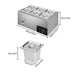 ROVSUN 21QT 6-Pan Electric Commercial Food Warmer, 110V Stainless Steel Bain Marie Buffet, 3.2 QT/Pan Stove Steam Table with Temperature Control & Lid for Parties, Catering, Restaurants