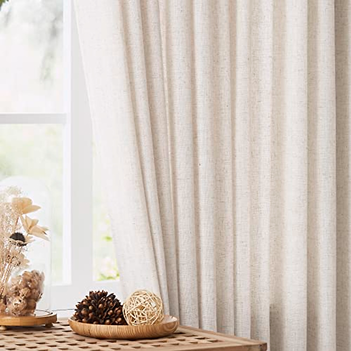 Vision Home Natural Pinch Pleated Semi Sheer Curtains Textured Linen Blended Light Filtering Window Curtains 108 inch for Living Room Bedroom Pinch Pleat Drapes with Hooks 2 Panels 42" Wx108 L