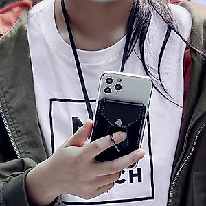 YUNCE Cell Phone Card Holder,Card Holder for Back of Cell Phone with Ring Grip Stand,Adhesive Stick-on Credit Card Wallet Pocket with Detachable Neck Strap Black