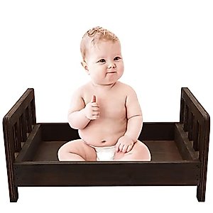SPOOKI Newborn Photography Props Bed，0-2 Months Brown Wooden Posing Baby Photoshoot Props Bed, Boys Girls Doll Bed Studio Props with Box for Newborn Photoshoot (A)
