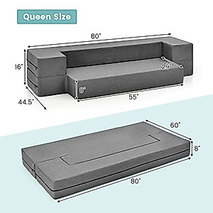 Giantex 8 Inch Folding Sofa Bed Couch, Memory Foam Futon Mattress Linen Fabric Sofa, Floor Couch Lounge Sleeper Bed for Living Room Bedroom Guest Room, Dark Grey, Queen