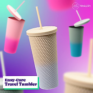 WEST & FIFTH 24 Ounce Two-Tone Matte Studded Tumbler with Lid & Straw, Reusable BPA Free Textured Water Bottle Drinking Cup (Blush & Fuchsia)