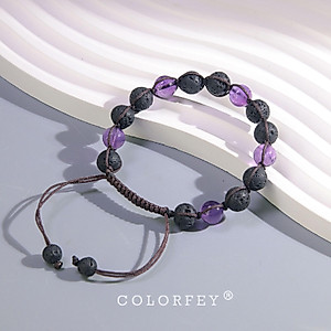 Natural Amethyst Beaded Bracelets for Women, COLORFEY Real Amethyst Lava Stone Crystal Bracelets Unique Handmade Bracelets Valentines Gifts for Wife, Protection Energy Beads Crystal Jewelry for Women