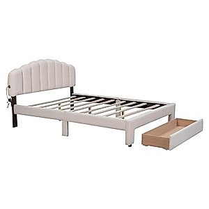 HAUSHECK Upholstered Bed Frame Queen Size with Teddy Fleece Headboard, Big Drawer, Smart LED Lights and 2 USB Ports, Modern Queen Platform Bed Frame w/Wooden Slats Support, No Box Spring Needed