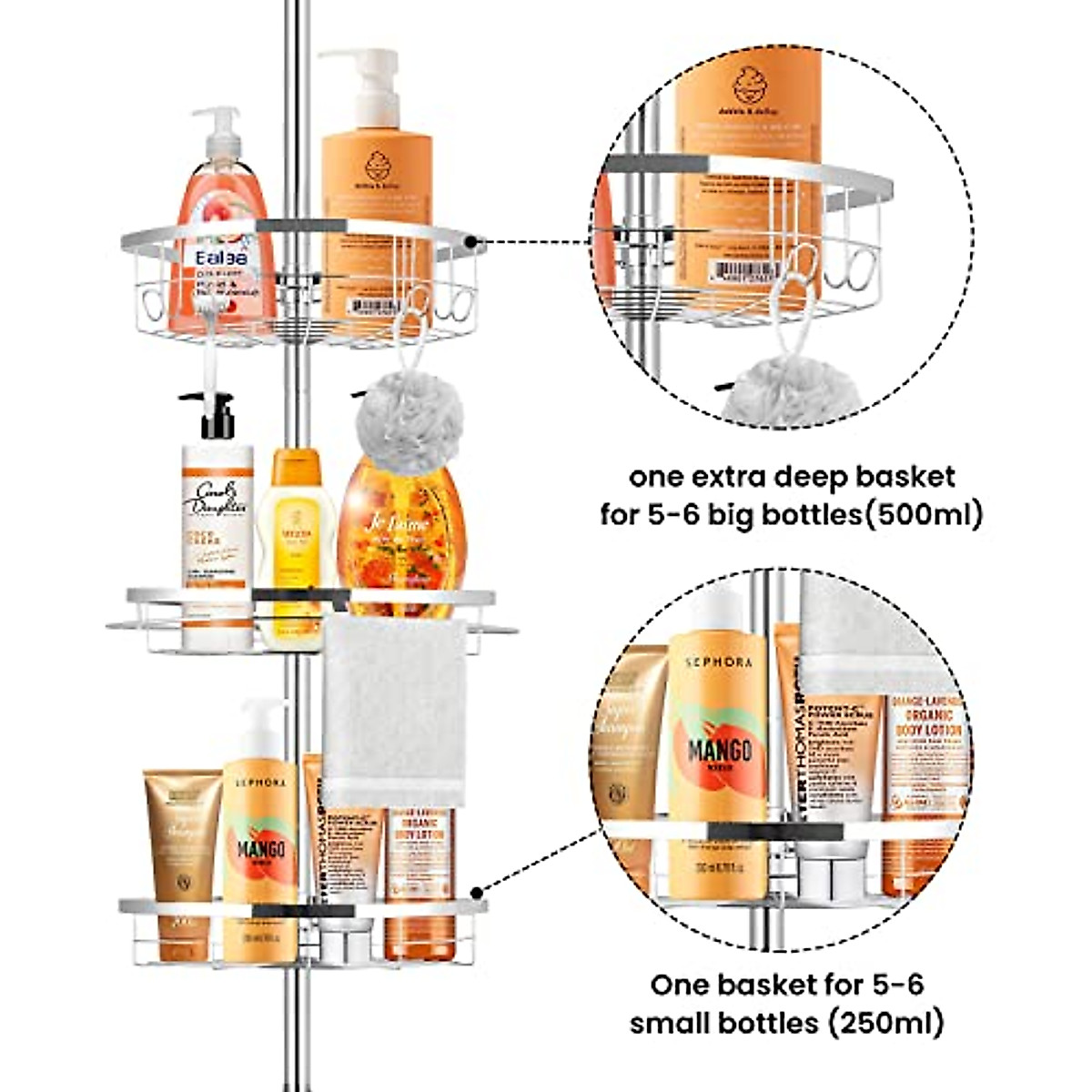 GOODBUY Corner Shower Caddy Tension Pole, Stainless Steel Bathroom Shower Organizer, Shower Rack Shower Shelf Corner with 4 Tier Adjustable Baskets, 4.9ft to 9.2ft, Silver