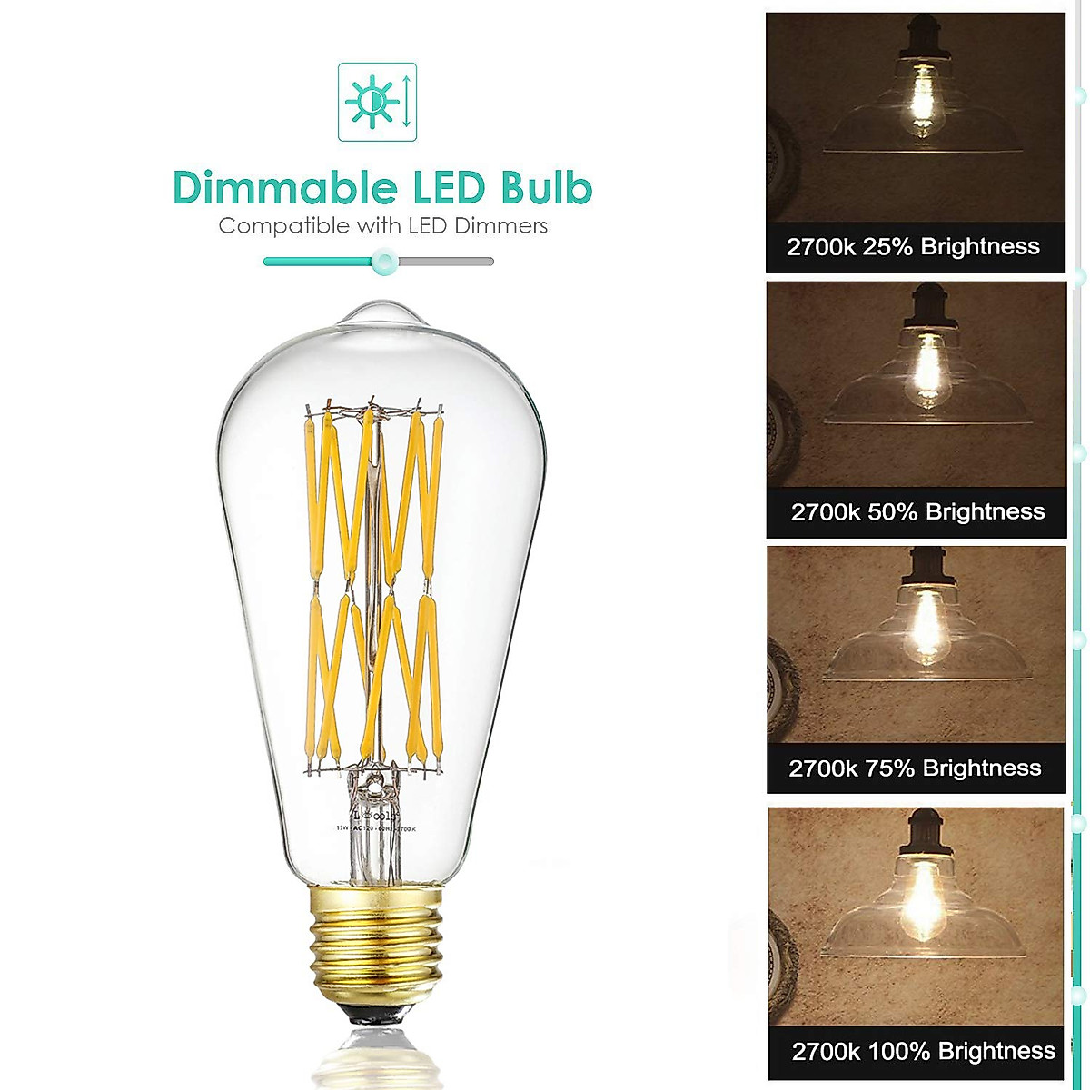 Leools Filament LED Edison Bulb 15W Dimmable 2700K Warm White 1300LM, 120W Incandescent Equivalent E26 Base, ST64 Vintage LED Filament Bulbs, 360 Degrees Beam Angle, Pack of 2