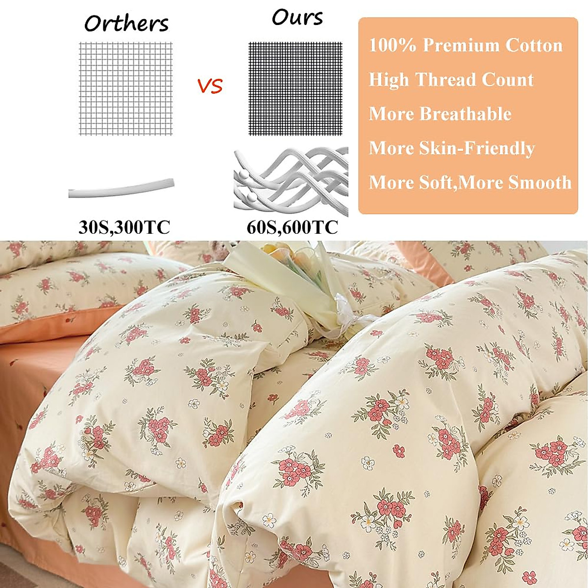 CinYana 100% Cotton Floral Duvet Cover Set 3 PCS Chic Garden Bedding Set Queen Mini Floral Duvet Cover Reversible Floral Comforter Cover Soft Breathable for All Seasons (Beige,Queen)