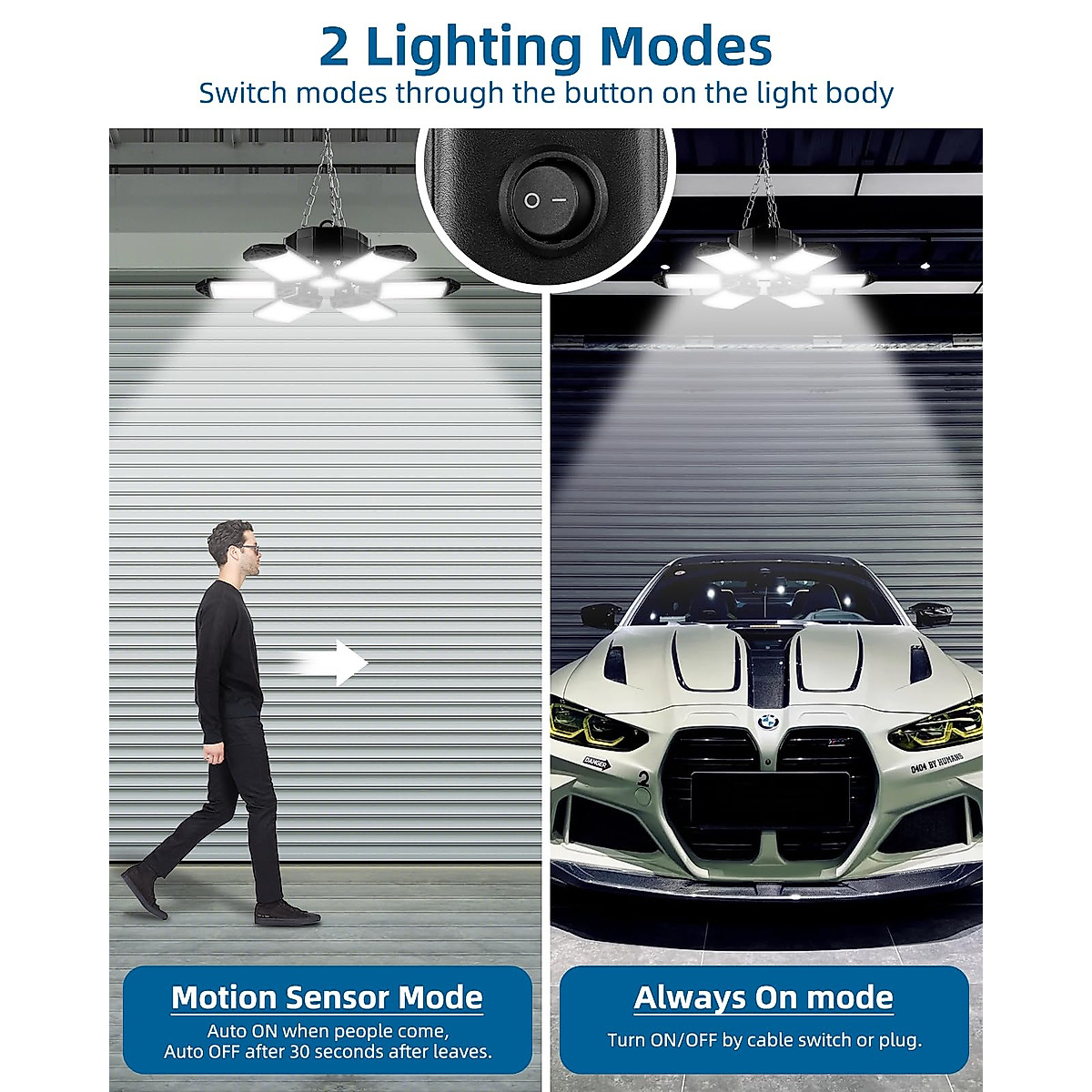 FAMURE Garage Light with Motion Sensor, 185W LED Ceiling Shop Lights Plug in, 18500Lm Super Bright 6000K Motion Indoor Lamp with 6 Deformable Panels, Linkable Ceiling Garage Lights for Warehouse