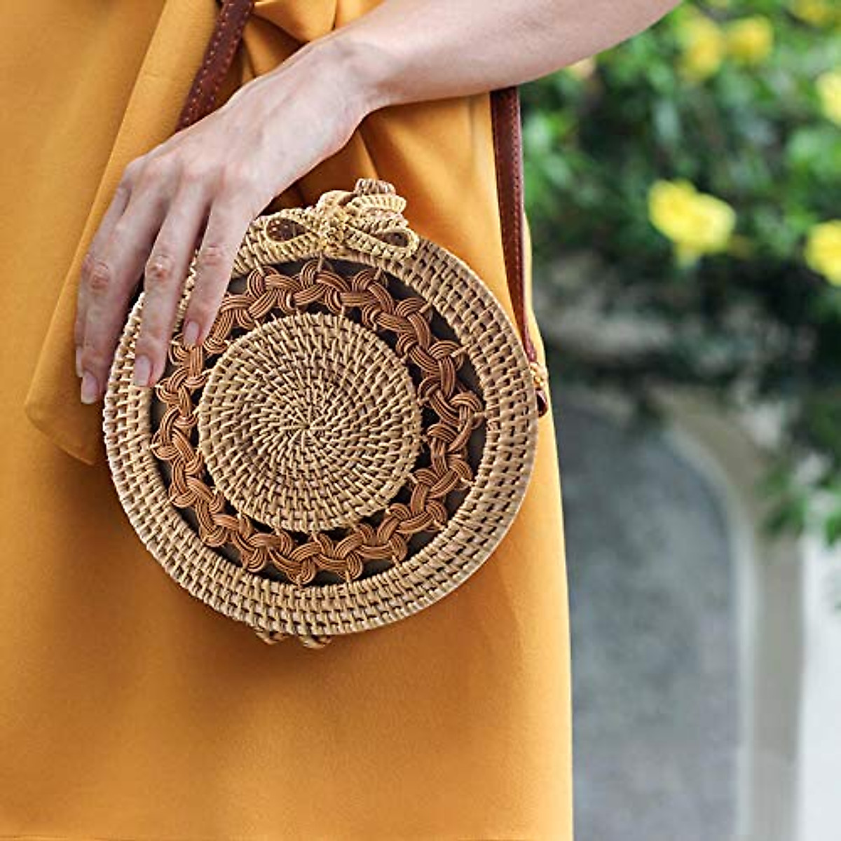 LYCSIX66 Handmade Round Rattan Bag Boho Summer Straw Bag Women Crossbody Purse