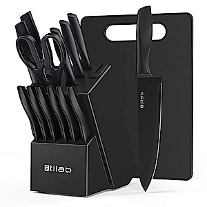Stllab Knife Set with Cutting Board, 15 Pcs Kitchen Knife Set with Built-in Sharpener Block, Knife Set with 6 Steak Knives, Black