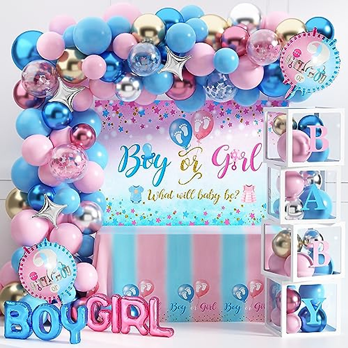 92Pcs Gender Reveal Decorations and Baby Box with Letters Set Boy or Girl Gender Reveal Party Supplies Party Ideas Tablecloth Backdrop Pink and Blue Balloons Baby Boxes with Letters Decorations Kit