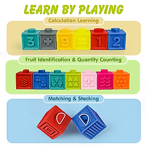 Woby 16 PCS Baby Blocks Soft Building Blocks Baby Toys Teethers Toy Stacking Bath Toys Learning Toys with Numbers Animals Fruits for Infants Toddlers Age 6 to 12 Months Up