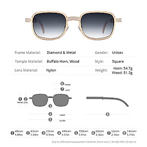 HEPIDEM 100% Really Buffalo Horn Luxury 720pcs Diamonds Buffs Sunglasses 7550180 (7550180 Black Horn Arm Gradient Tea Lens)