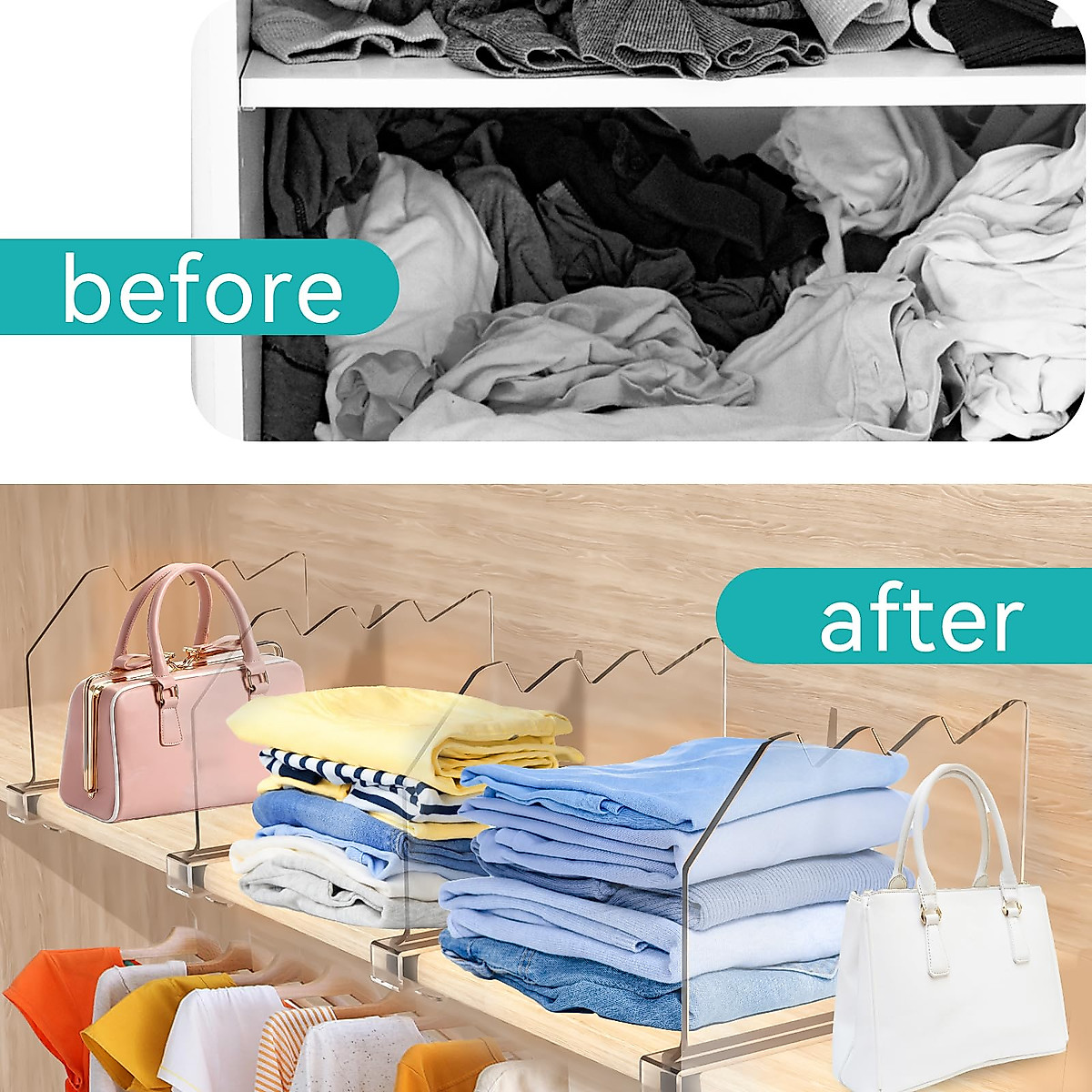 Delllala Acrylic Shelf Dividers Suitable for Closet Organization, Clear Closet Shelf Divider for Bedroom, Kitchen, Office, Cabinets, Bathroom, Wooden Shelving for Clothes Purses Separators, 6 PCS