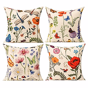 All Smiles 20x20 Outdoor Throw Pillow Covers Summer Spring Garden Flowers Farmhouse Décor Outside Furniture Bench Decorative Cushion Set of 4 for Patio Chair Couch Bed